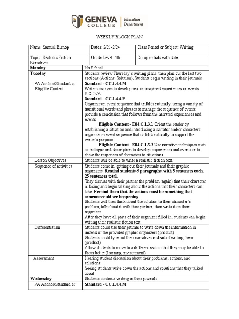 Writing Realistic Fiction Student Does | PDF | Narrative | Reading ...
