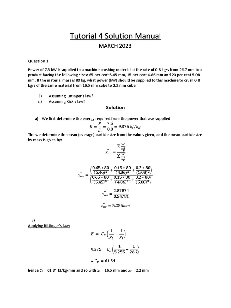 Tutorial 4 SIZE REDUCTION 4 SOLUTION | PDF | Chemistry | Applied And Interdisciplinary Physics