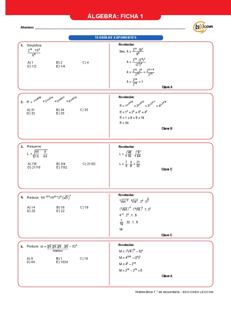 D-Ficha 1 - Teoría de exponentes | PDF