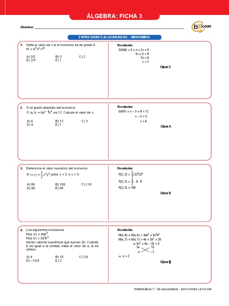 D-Ficha 3 - Expresiones Algebraicas - Monomios | PDF | Álgebra abstracta | Álgebra