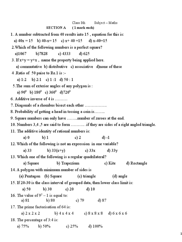 Class 8 SA 1 MATHS | PDF