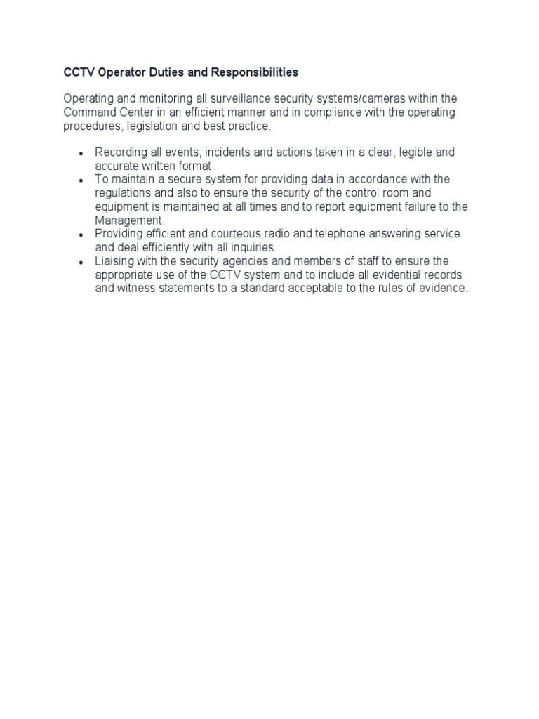 CCTV Operator Duties and Responsibilities | PDF
