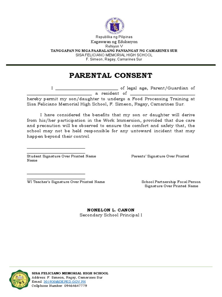 Work Immersion Parent Consent | PDF | Wellness