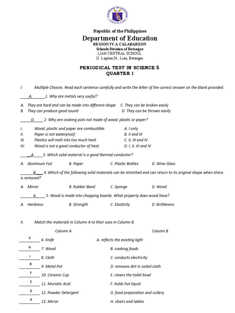 Periodic Test in Science 5 - 1ST Quarter | PDF | Plastic | Metals