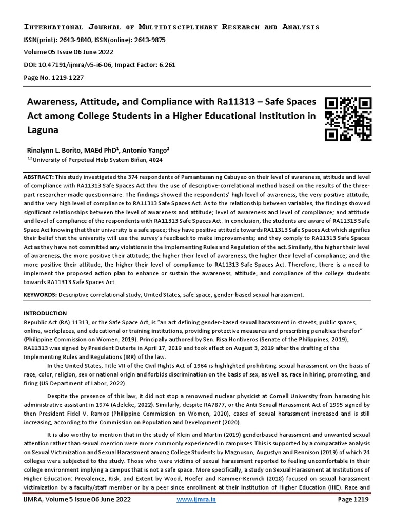 Awareness, Attitude, and Compliance With Ra11313 - Safe Spaces Act ...