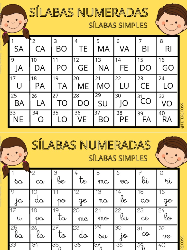 Sílabas Numeradas: SA PO ME JA Ca Bo TE DA GE LU VA NA MA RI BI FE LO DO CE JO GO | PDF