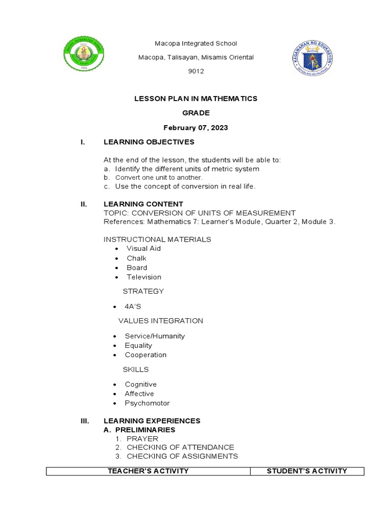 4a's Lesson Plan On Measurement | PDF | Measurement | Learning
