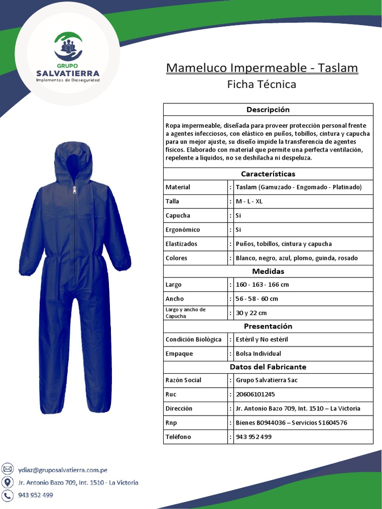 Mameluco Impermeable Taslam: Ficha Técnica | PDF | Salud y bienestar