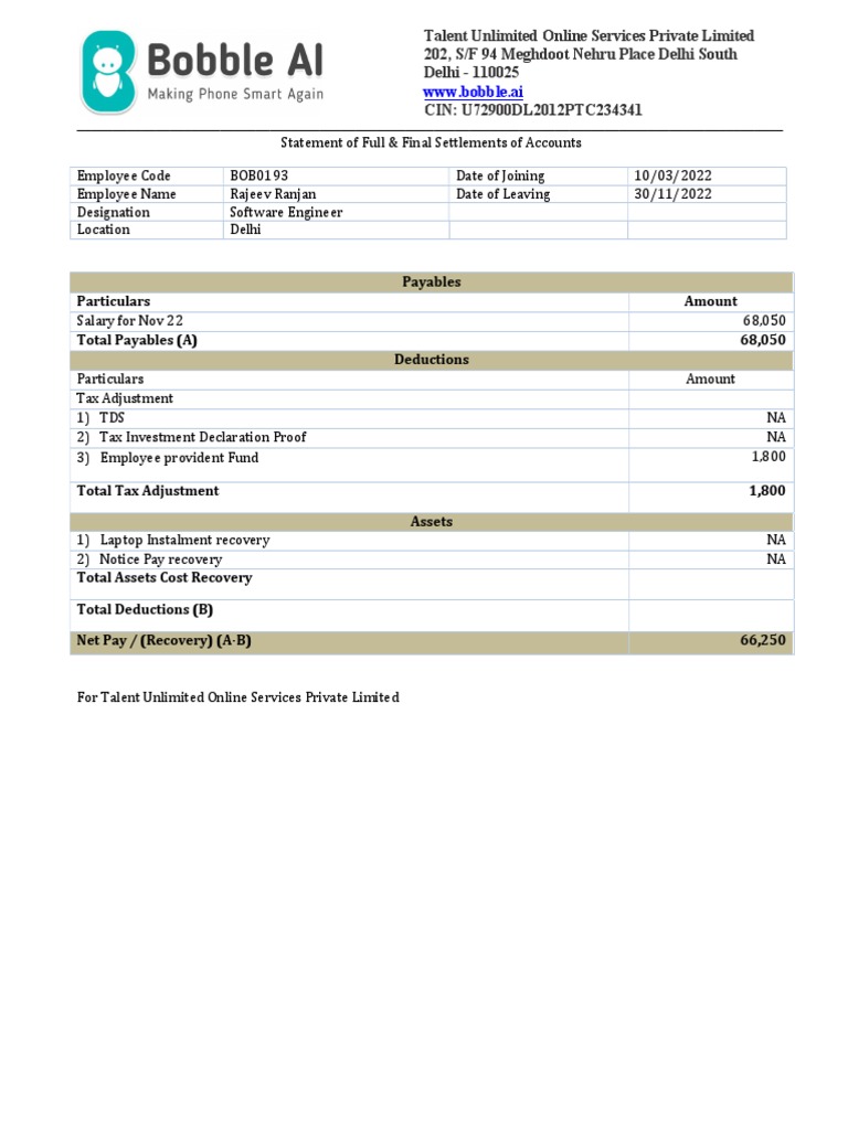Full & Final Settlement Statement | PDF