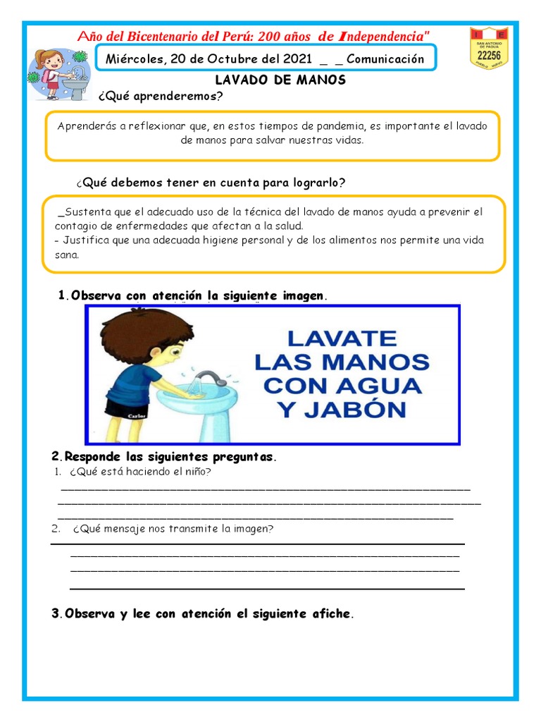 Ficha de Actividades sobre Lavado de Manos | PDF | Lavado de manos ...