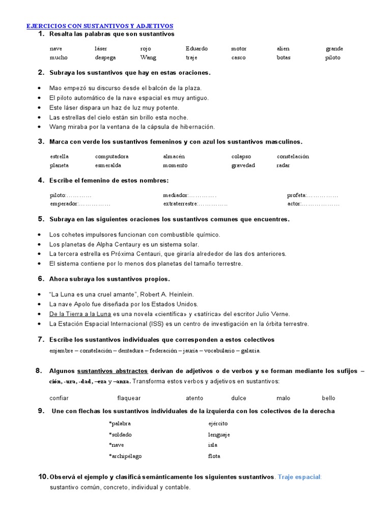 Ejercicios Con Sustantivos y Adjetivos | PDF | Sustantivo | Adjetivo