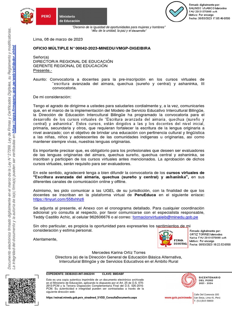 Oficio - Multiple 00042 2023 Minedu VMGP Digeibira | PDF