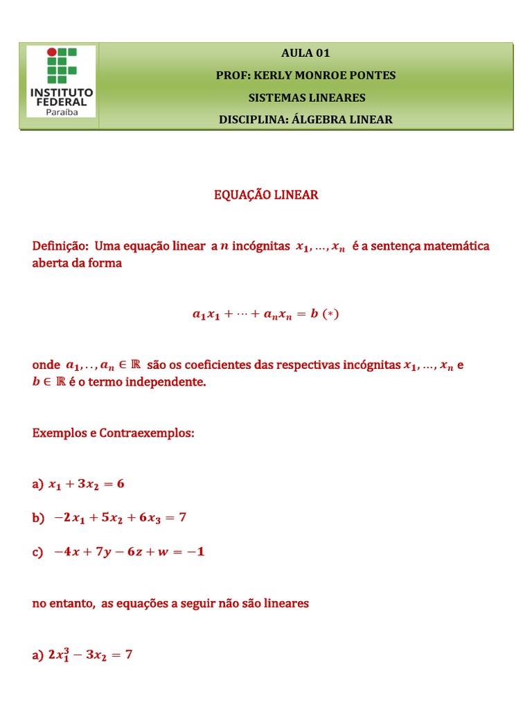 Aula 01 - Álgebra Linear - Sistemas Lineares - 2020 | PDF | Equações ...