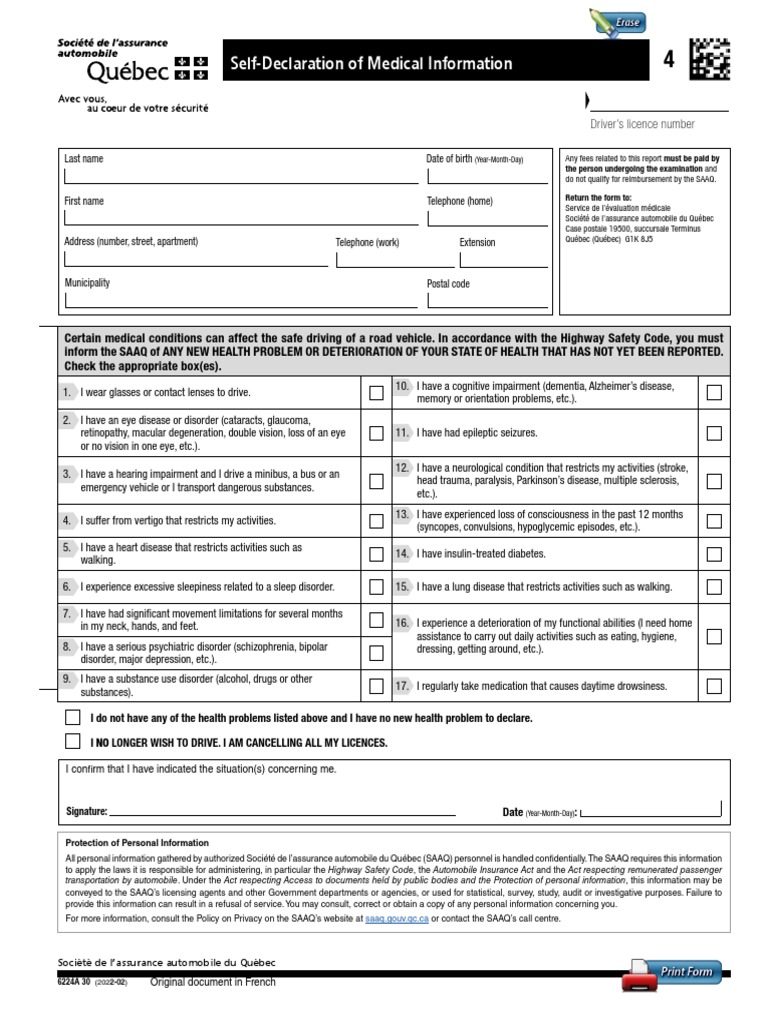 Self-Declaration-Medical-Information Blank For Quebec | PDF | Mental ...