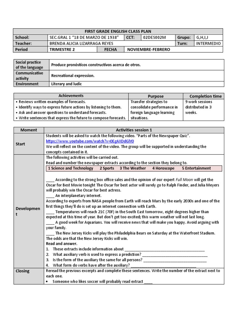 First Grade English Class Plan: Predictions | PDF | Verb | Robot