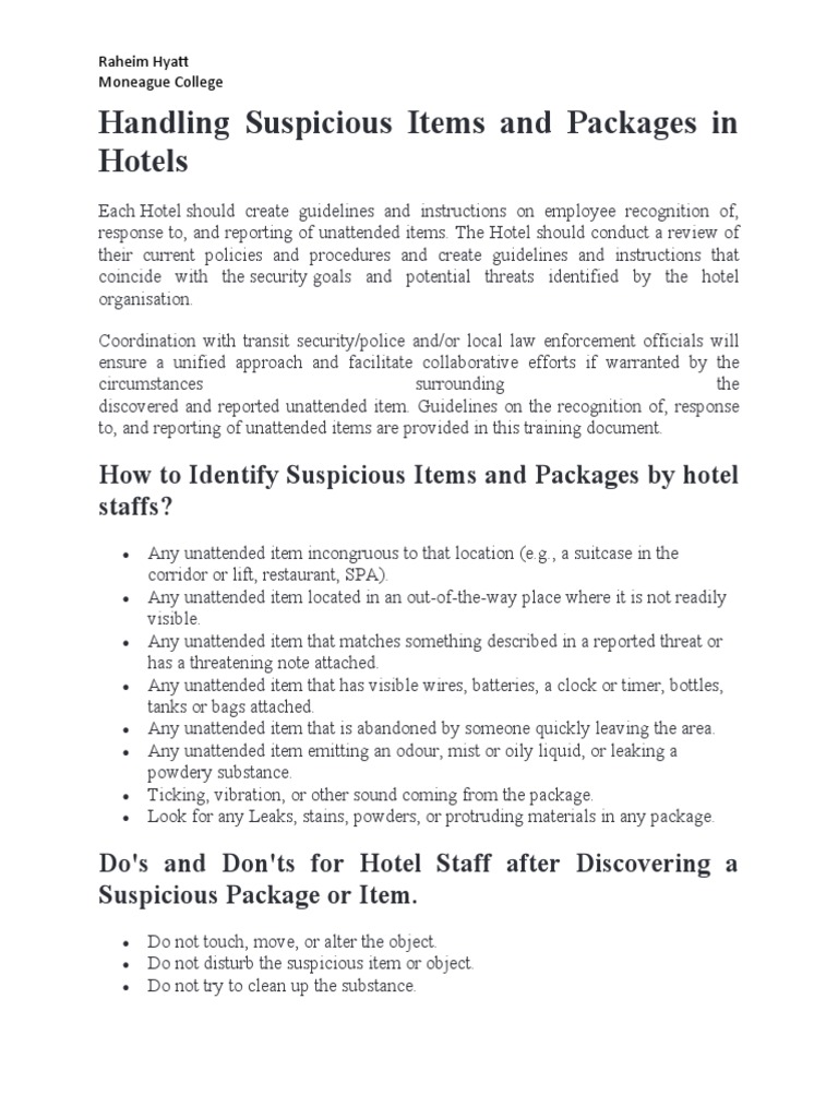 Handling Suspicious Items and Packages in Hotels | PDF