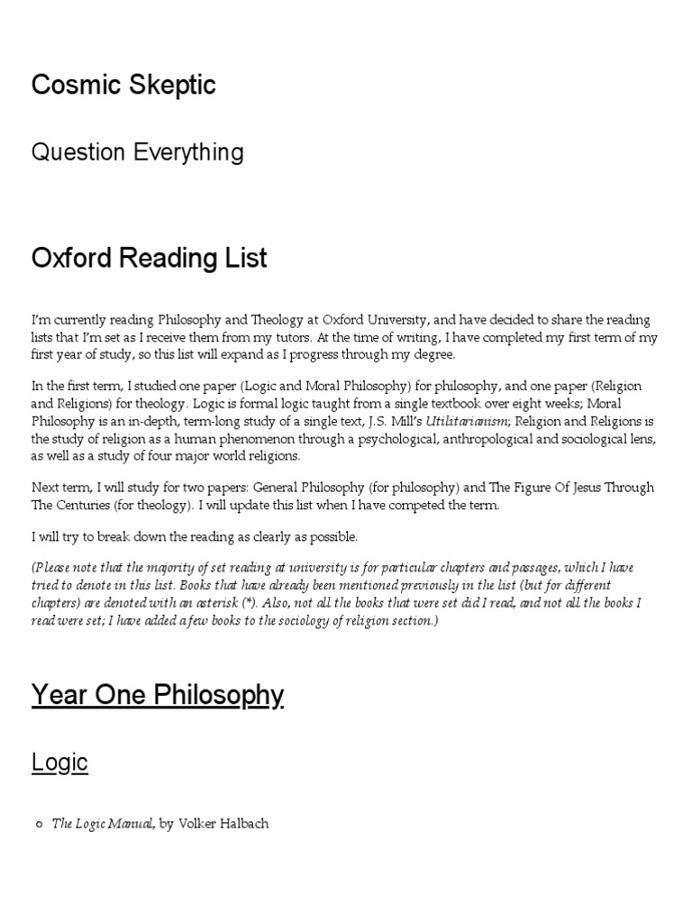 Oxford Reading List - Cosmic Skeptic | PDF