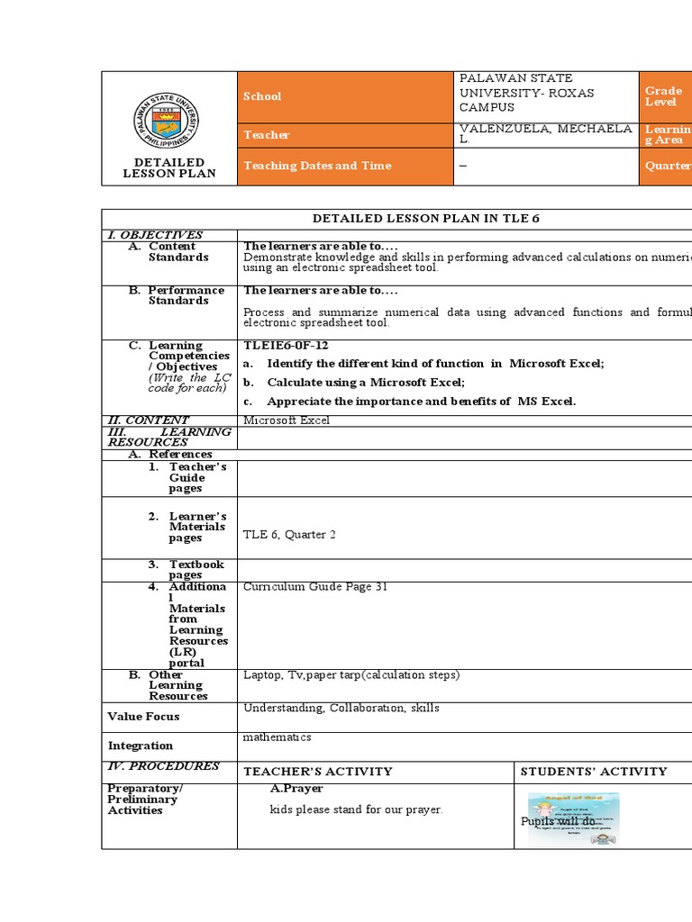 Final-Lesson Plan Tle6 | PDF | Microsoft Excel | Spreadsheet