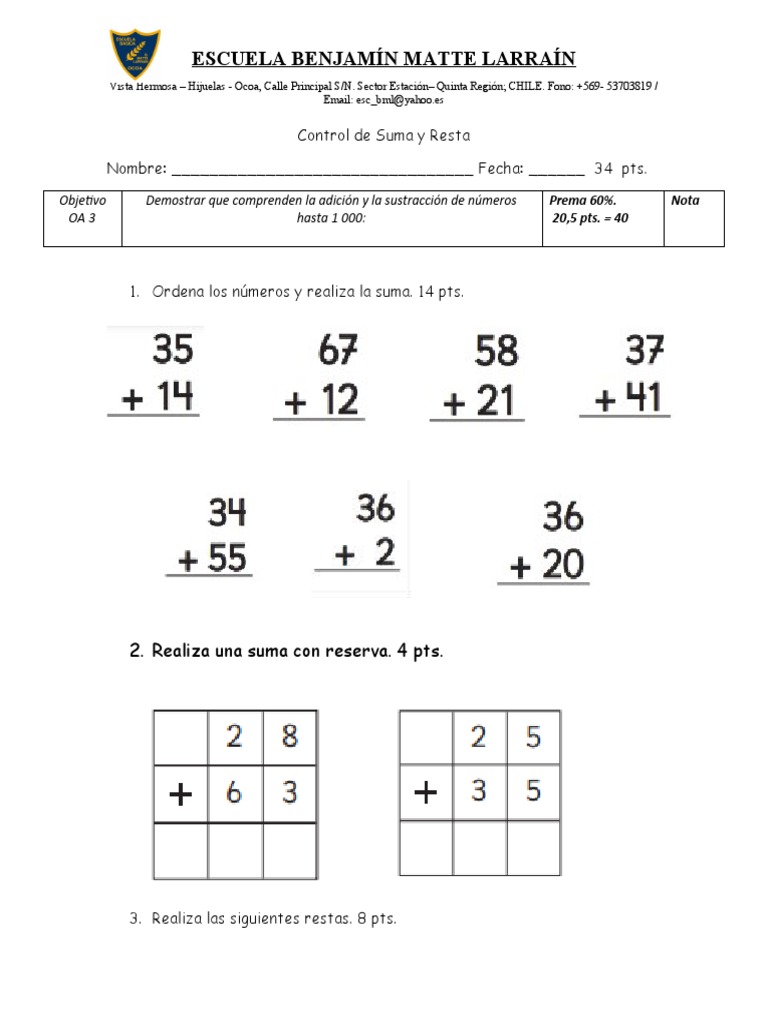 Prueba de Suma y Restas Diferenciada | PDF