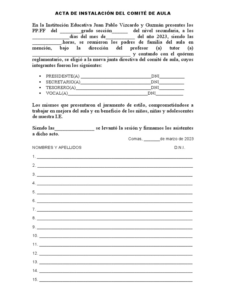 Acta de Instalación Del Comité de Aula | PDF