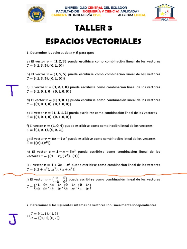 3 Taller Espacios Vectoriales Pdf Espacio Vectorial Escalar