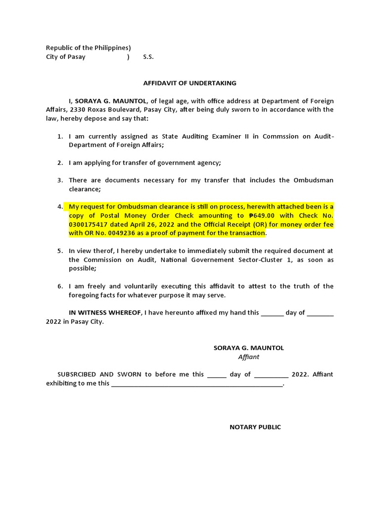 Affidavit of Undertaking | PDF Affidavit of Undertaking | PDF