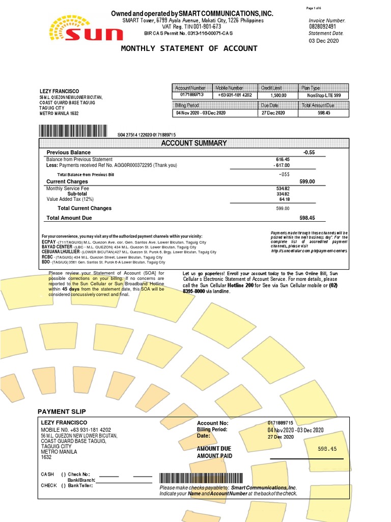Sun Cellular E-Bill-0171889715-2020-12-27 | PDF | Metro Manila ...