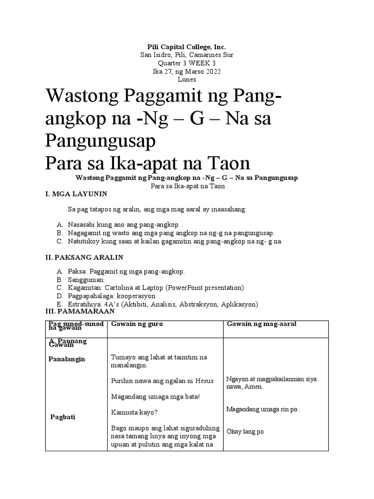 Wastong Paggamit NG Pang-Angkop Na - NG - G - Na Sa Pangungusap para Sa Ika-Apat Na Taon | PDF