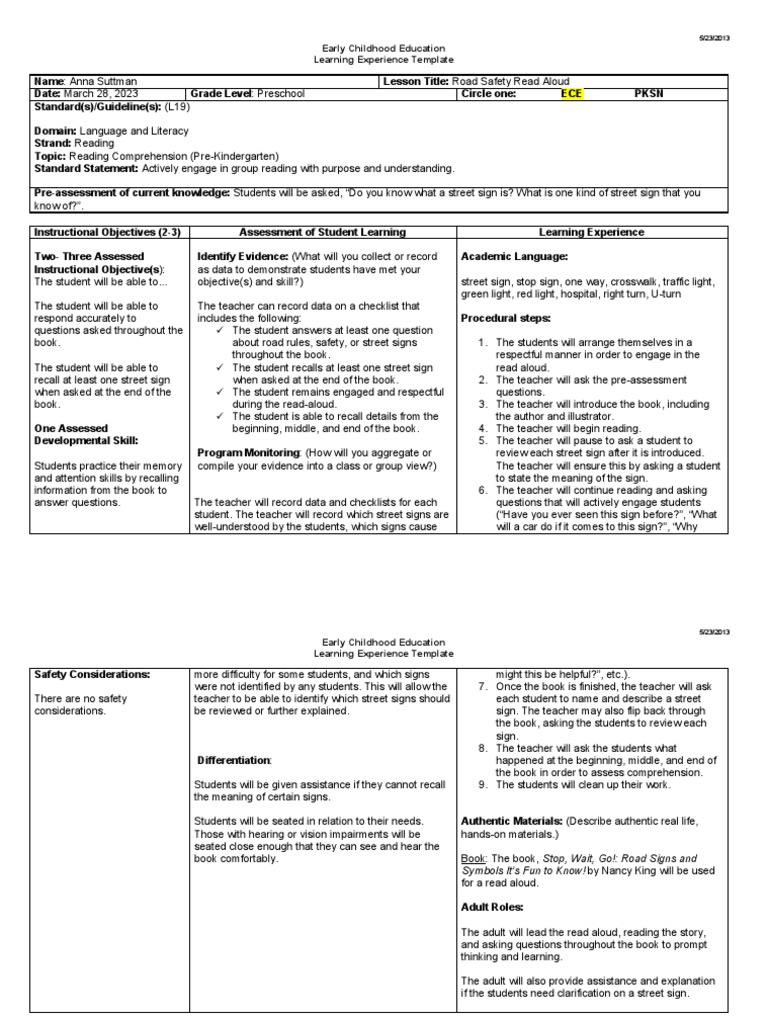 Lesson Plan 1 - Road Safety Read Aloud | PDF