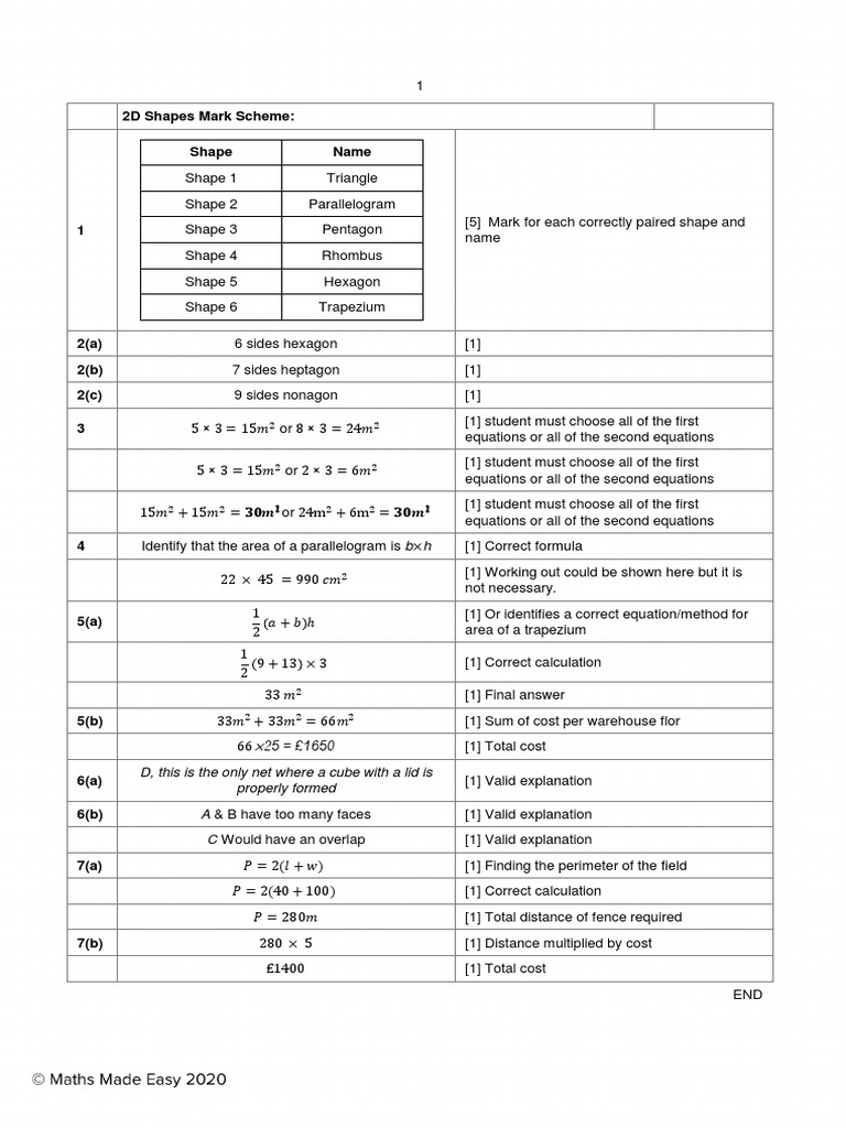 2D Shapes Mark Scheme | PDF | Area | Elementary Geometry