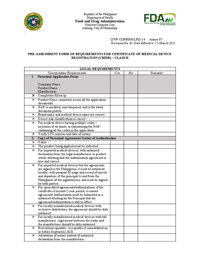 Pre-Assessment Form for the Registration of a Class B Medical Device in ...