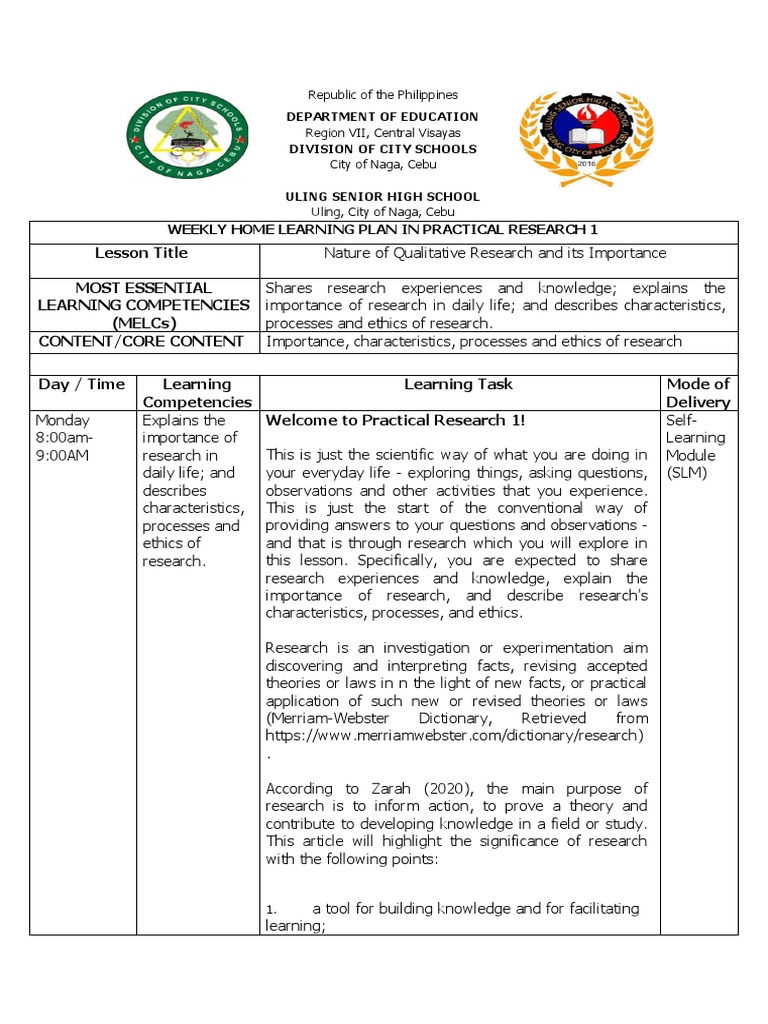 WHLP Week1 Practical Research 1 | PDF | Scientific Method | Learning
