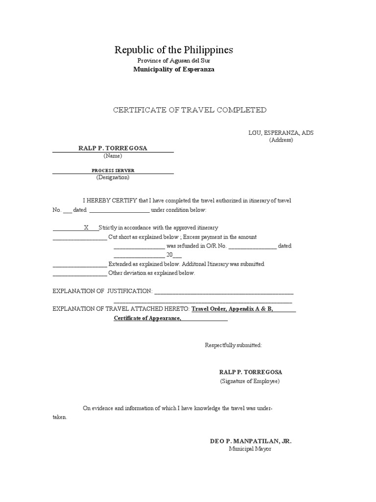 Republic of The Philippines: Certificate of Travel Completed | PDF