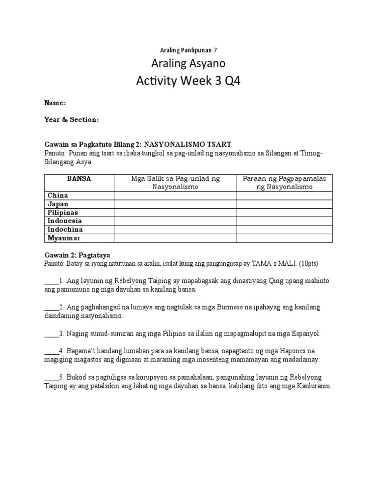 Activity Week 3 Q4: Araling Asyano | PDF