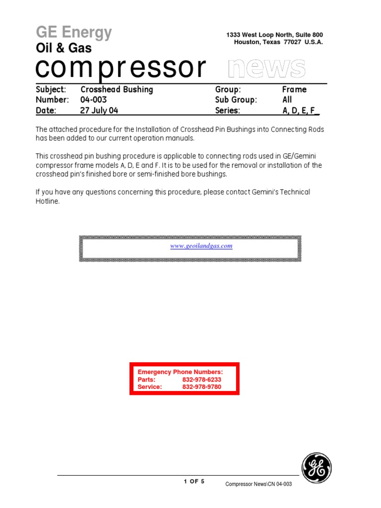 CN 04-003 Crosshead Pin Bushing Installation Rev1 | PDF