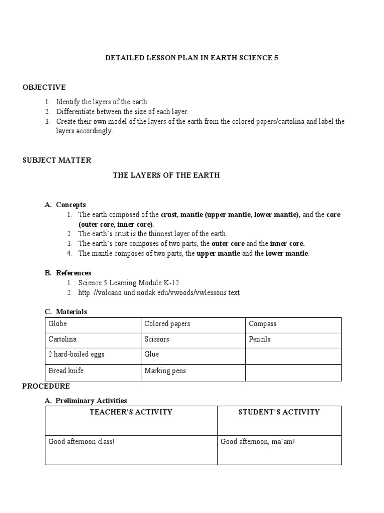 Earth Science Lesson for Grade 5 | PDF | Crust (Geology) | Planetary Core