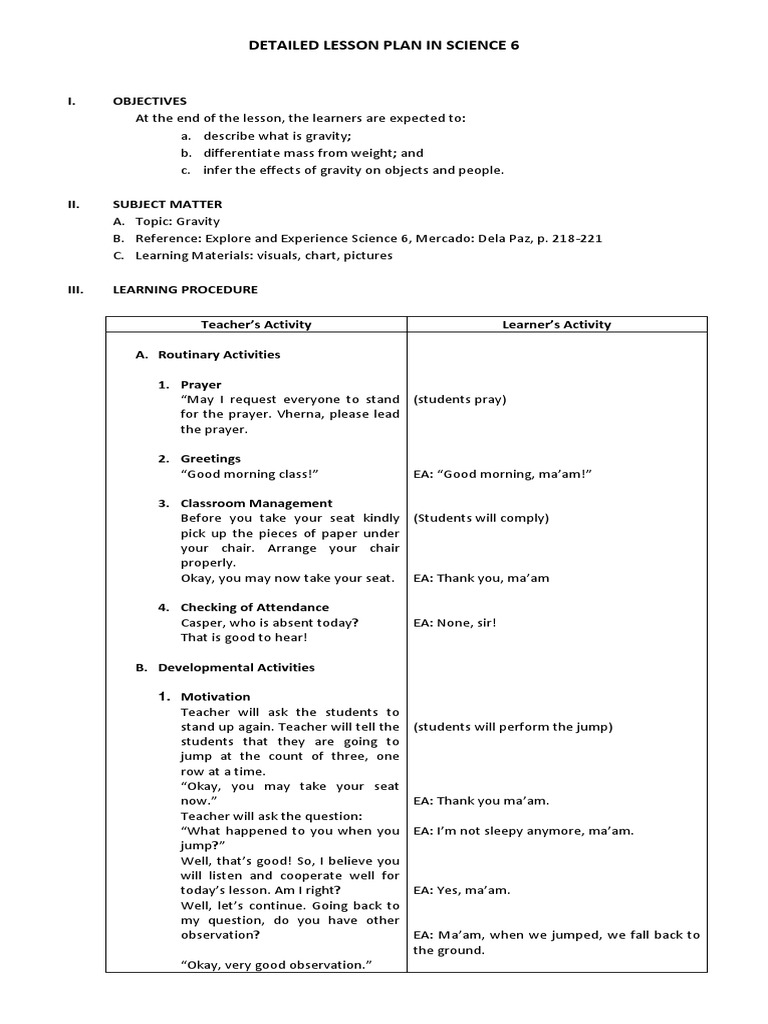 Detailed Lesson Plan on Gravity | PDF | Weight | Gravity