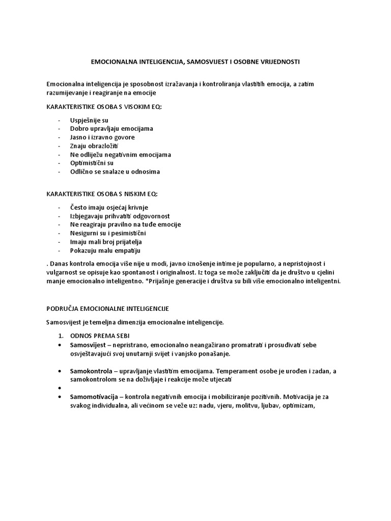 Emocionalna Inteligencija, Samosvijest I Osobne Vrijednosti | PDF