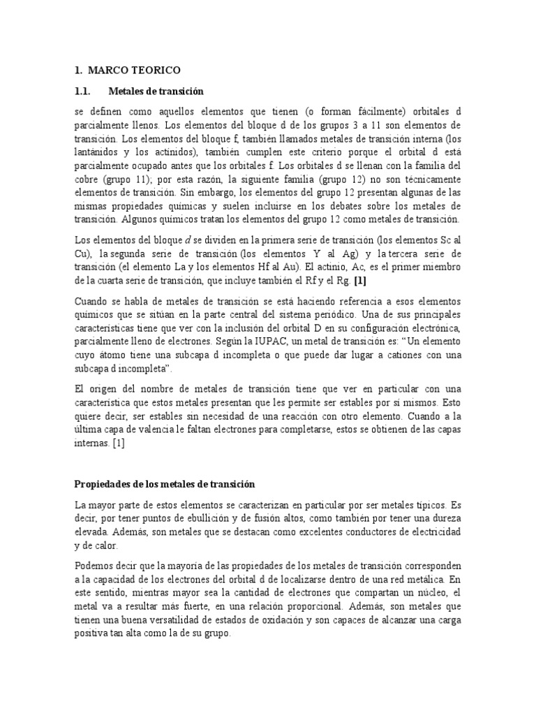 Marco Teorico Lab 2 Inorganica II | PDF | Metales de transición | Redox