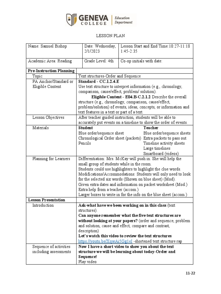 Order and Sequence | PDF | Lesson Plan | Education Theory