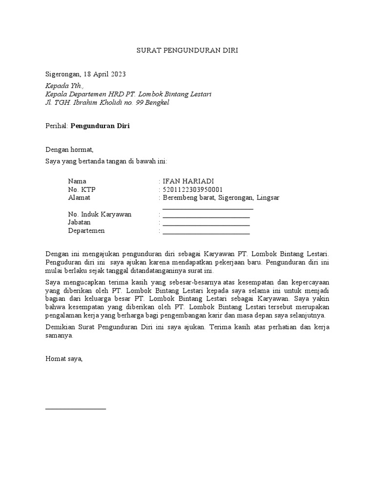 Kepada Yth., Kepala Departemen HRD PT. Lombok Bintang Lestari Jl. TGH. Ibrahim Kholidi No. 99 ...