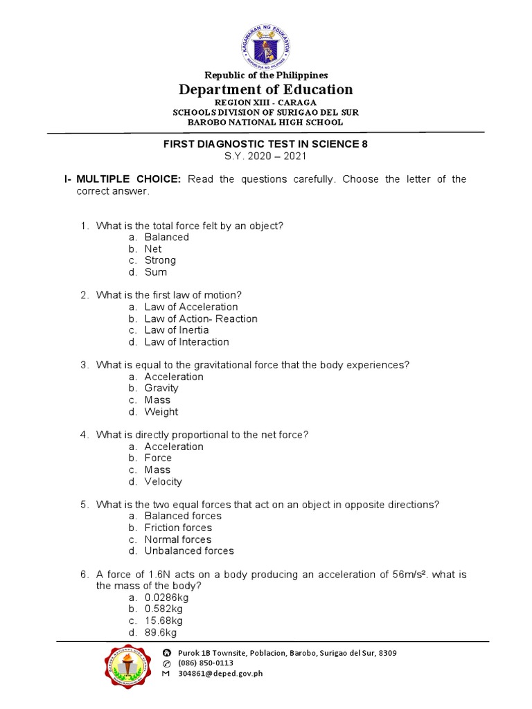 Barobo National High School Science Test | PDF | Force | Acceleration