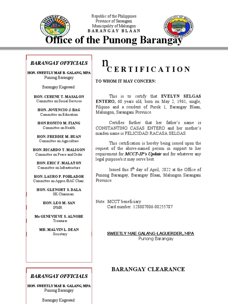 Barangay Certification Samples and Formats | PDF