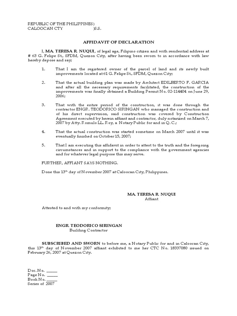 Affidavit of Declaration To Construction | PDF
