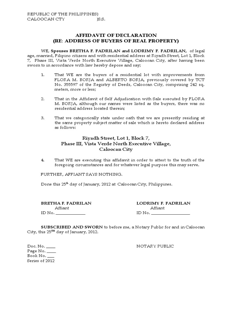Affidavit of Declaration to Purchased Property Calderon | PDF