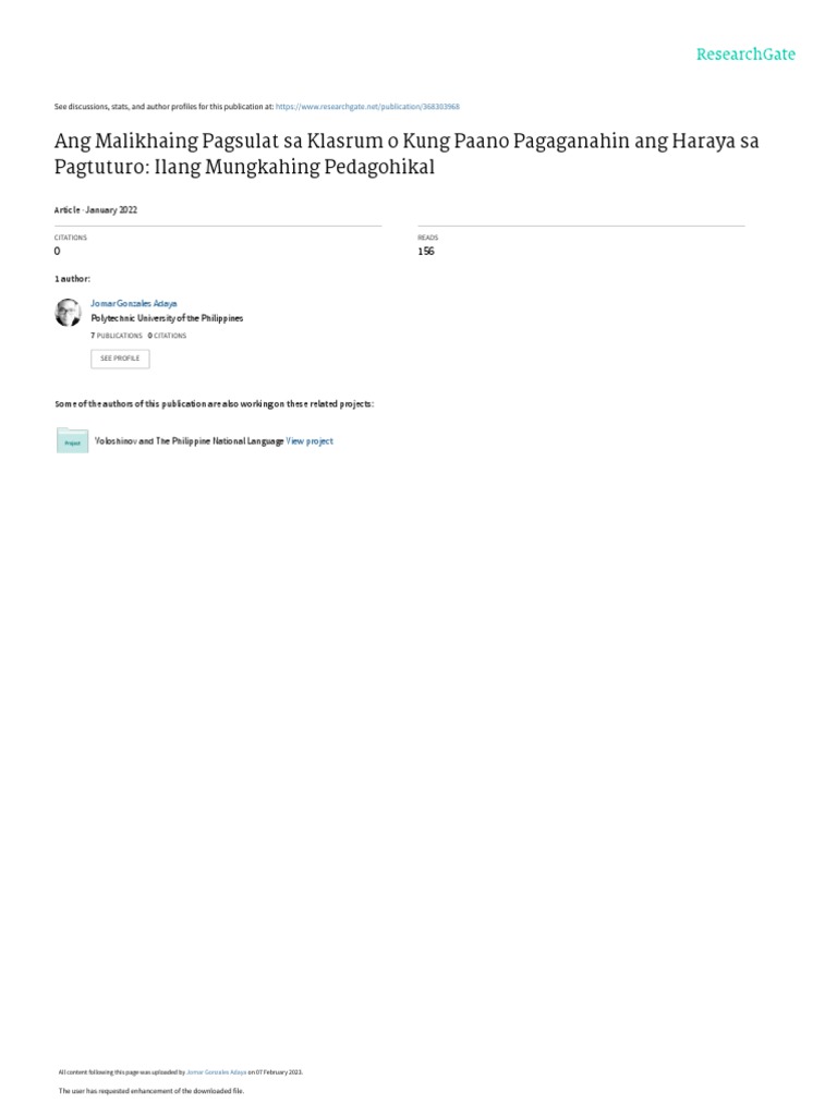 Ang Malikhaing Pagsulat Sa Klasrum o Kung Paano Pagaganahin Ang Haraya ...