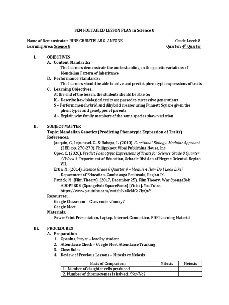EDUC 6 Semi Detailed Lesson Plan Science Grade 8 Anfone | PDF | Dominance (Genetics) | Zygosity