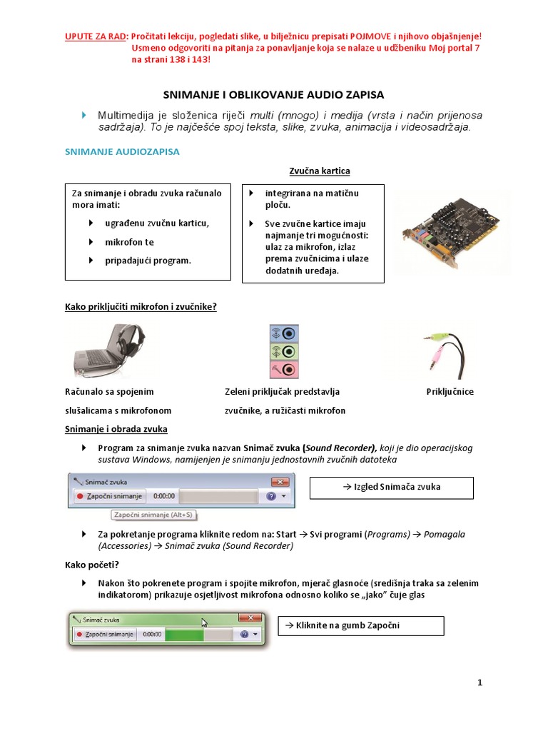 VII Razred INFORMATIKA 24.3. Snimanje I Oblikovanje Audiozapisa | PDF