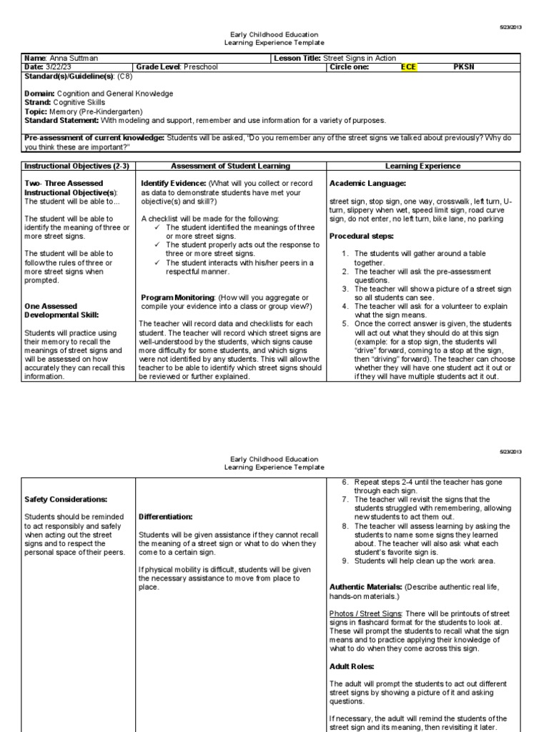 Lesson Plan 2 - Street Signs in Action | PDF | Early Childhood ...