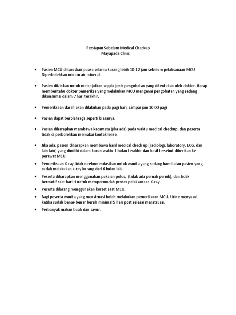 Persiapan Sebelum Medical Checkup Mayapada Word | PDF